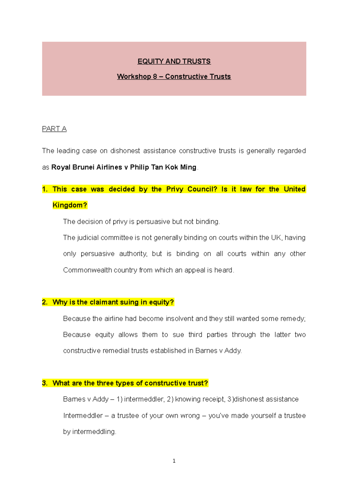Workshop 8 Constructive Trusts - equity and trusts - EQUITY AND TRUSTS ...