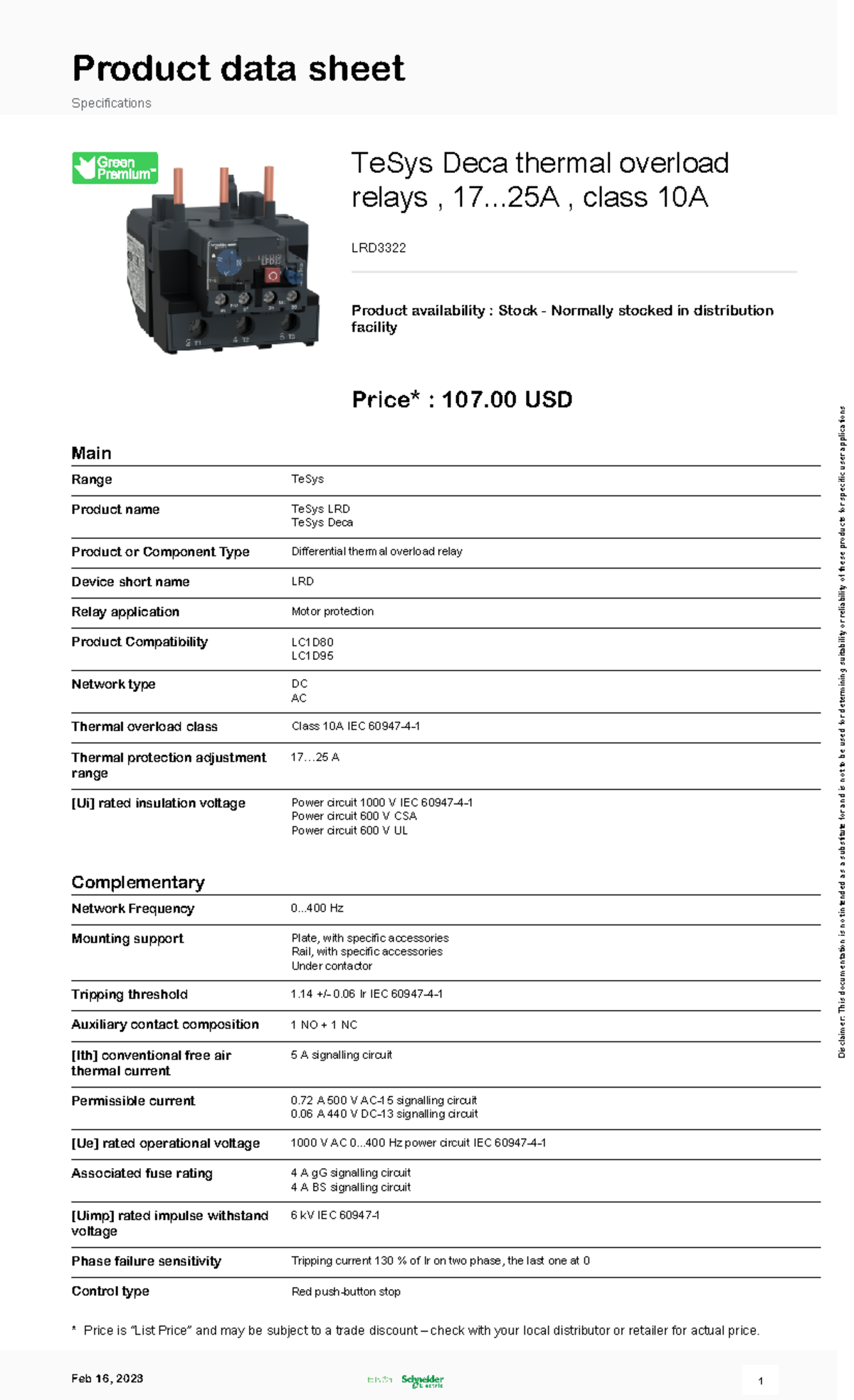 Te Sys Deca Overload Relays LRD3322 - Product data sheet Specifications ...