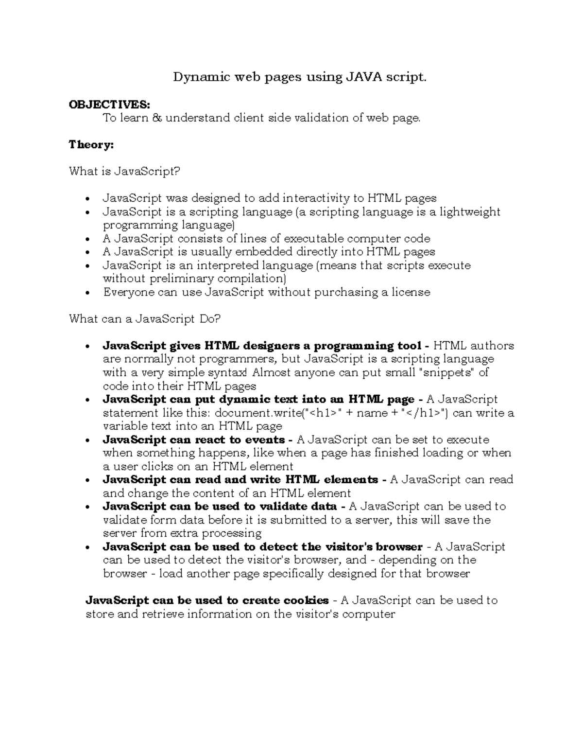 Java Script Tutorial - General - D yn amicwebpagesusingJA VAscript. OBJECTIVES : - Studocu