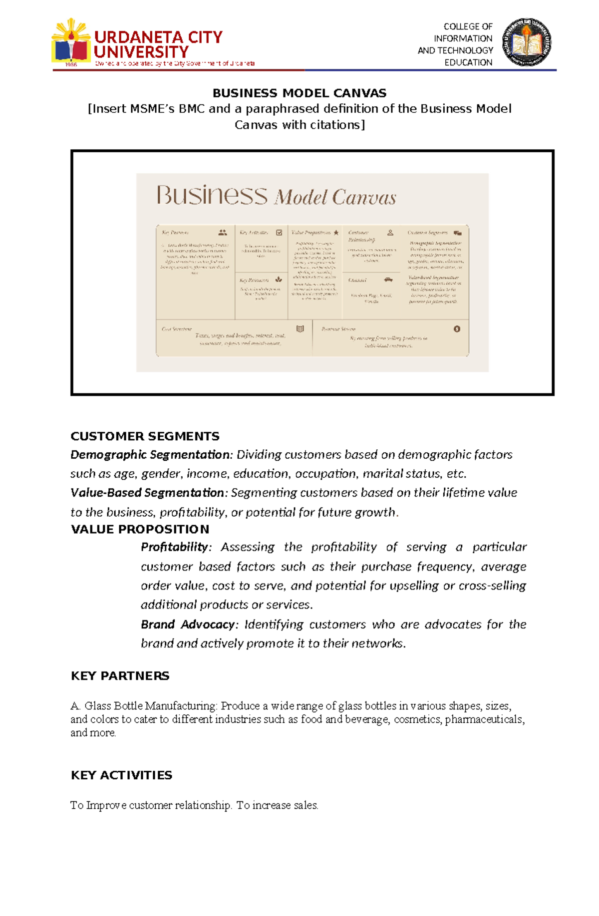 TASK 2 Business Model Canvas - COLLEGE OF INFORMATION AND TECHNOLOGY ...