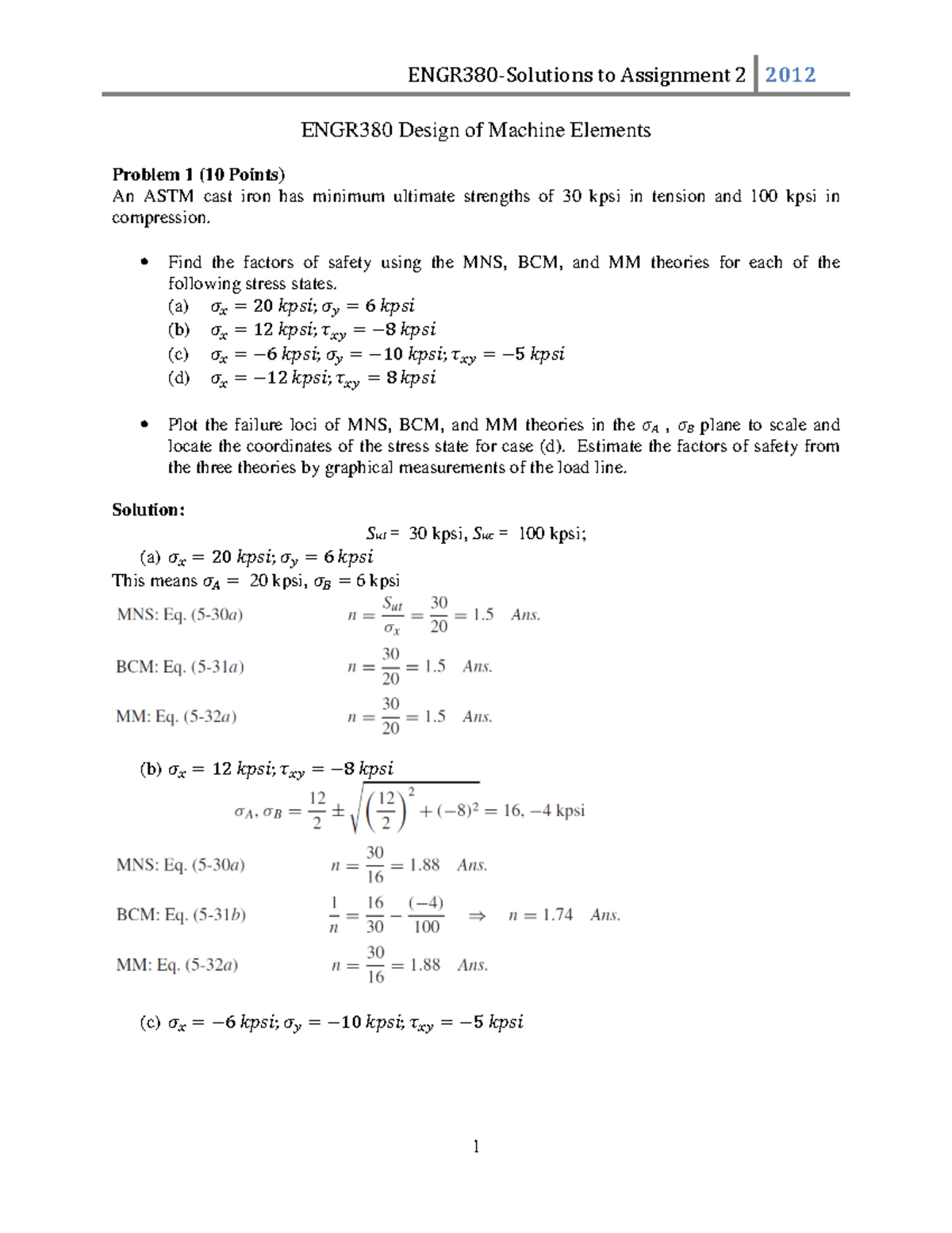 Seminar Assignments Answers To Assignment 2 Engr380 Design Of Machine Elements Problem 1 10