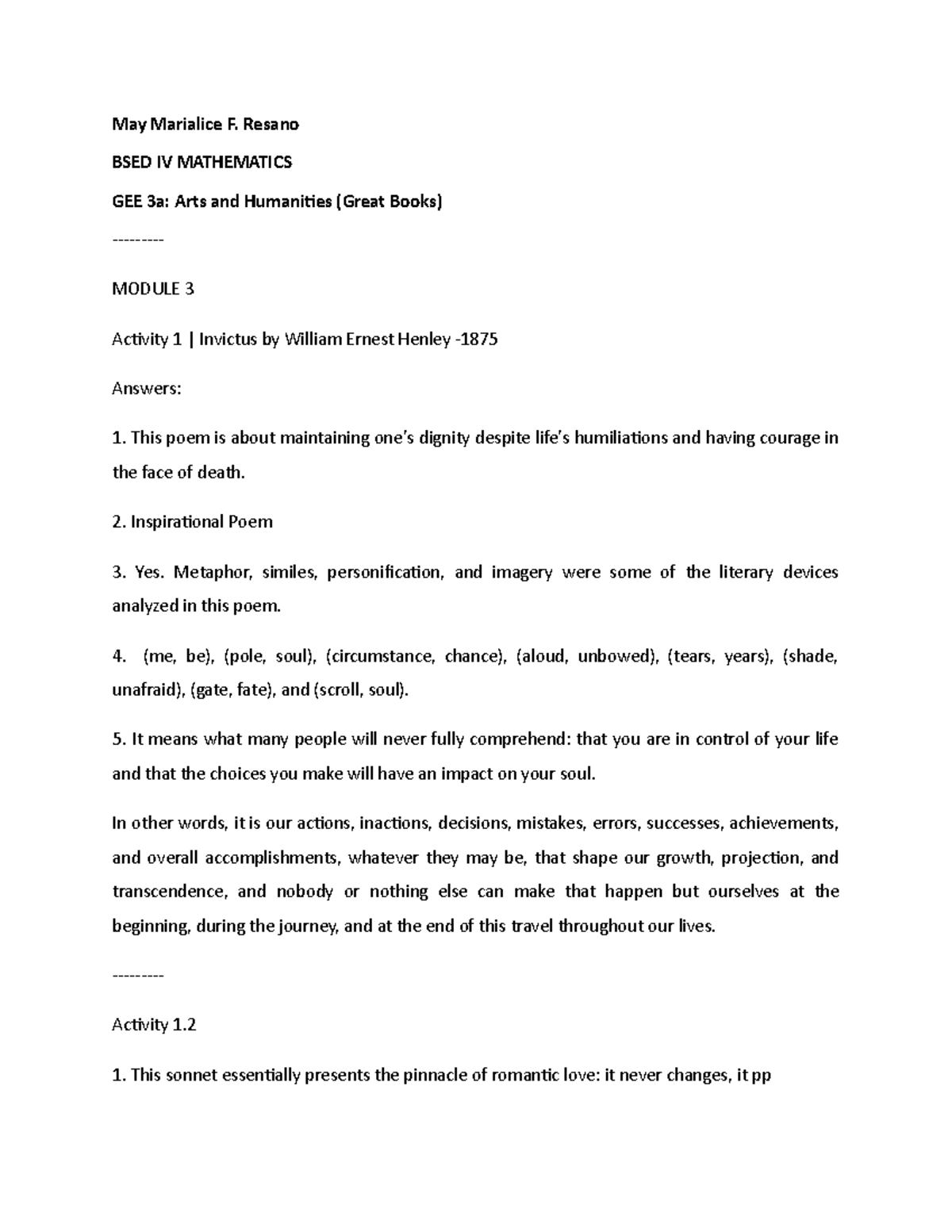 GEE 3A Final - May Marialice F. Resano BSED IV MATHEMATICS GEE 3a: Arts ...