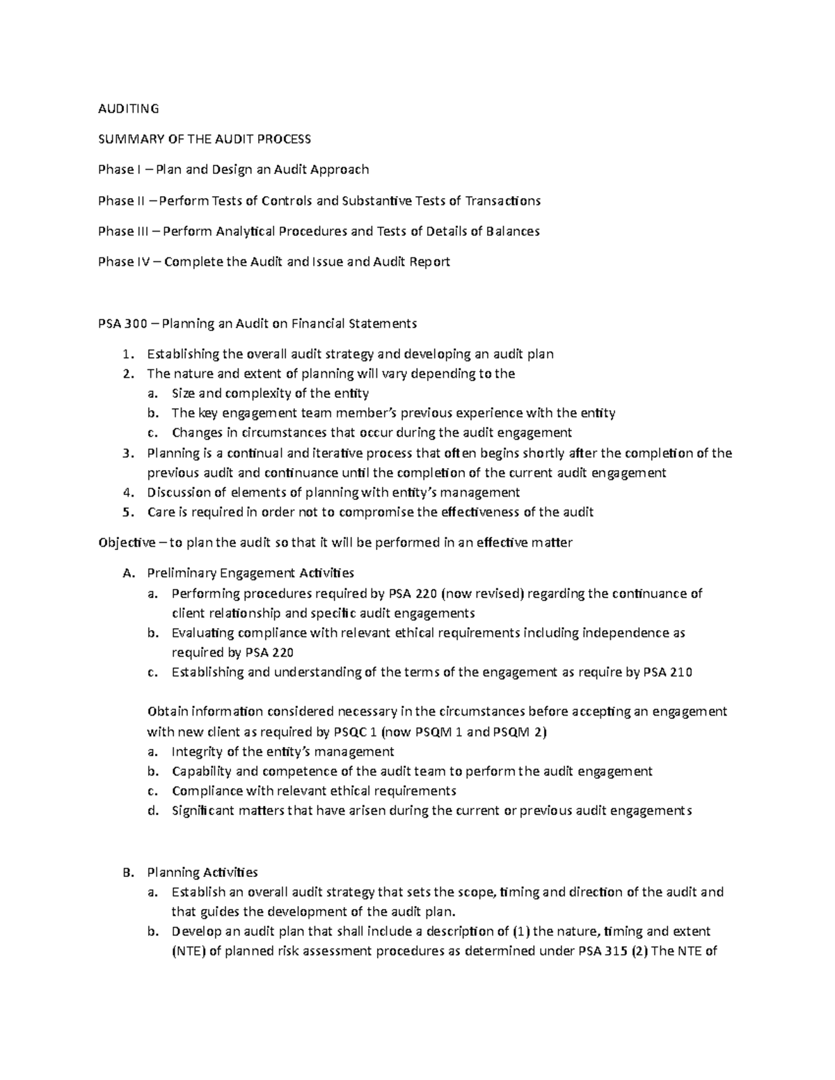 Notes on Audit Planning - AUDITING SUMMARY OF THE AUDIT PROCESS Phase I ...