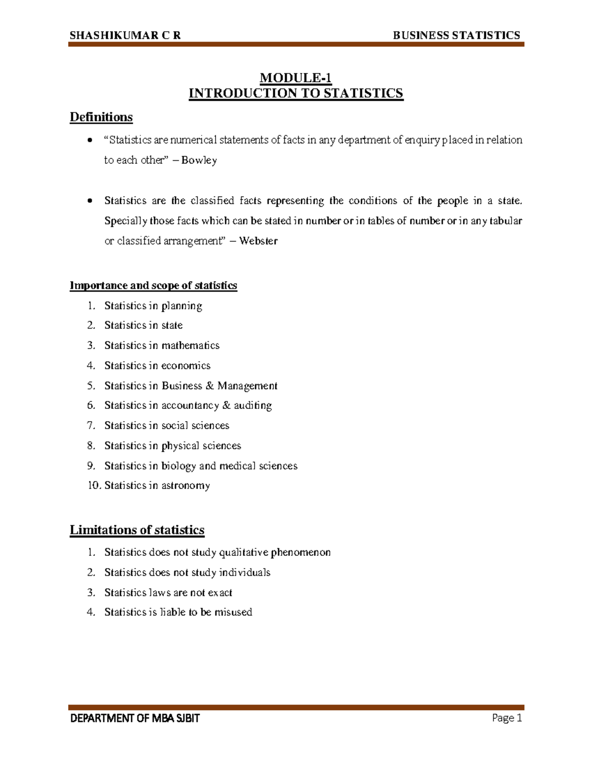Module 1 - 4 - MODULE- INTRODUCTION TO STATISTICS Definitions ...