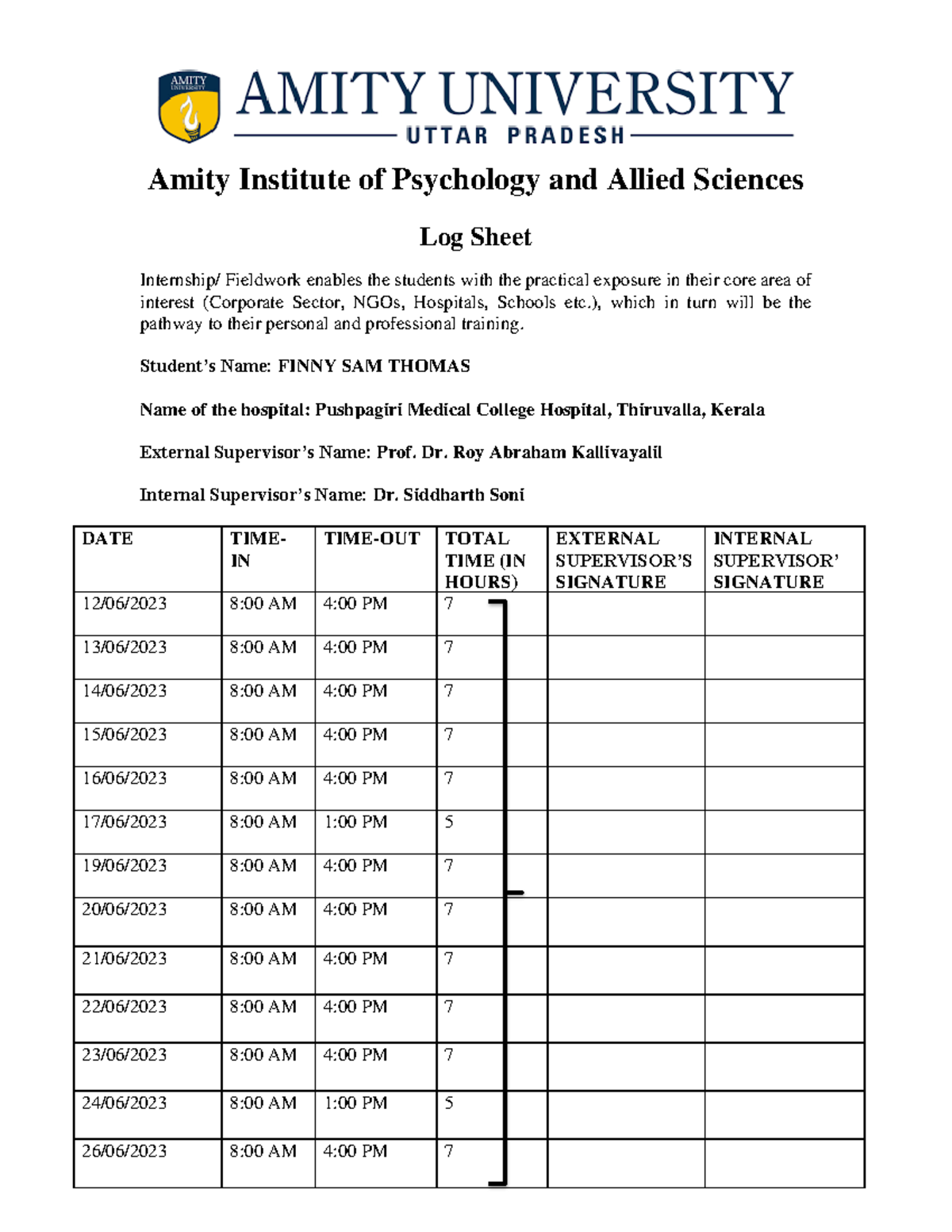 In Out Attendance Sheet - Amity Institute of Psychology and Allied ...