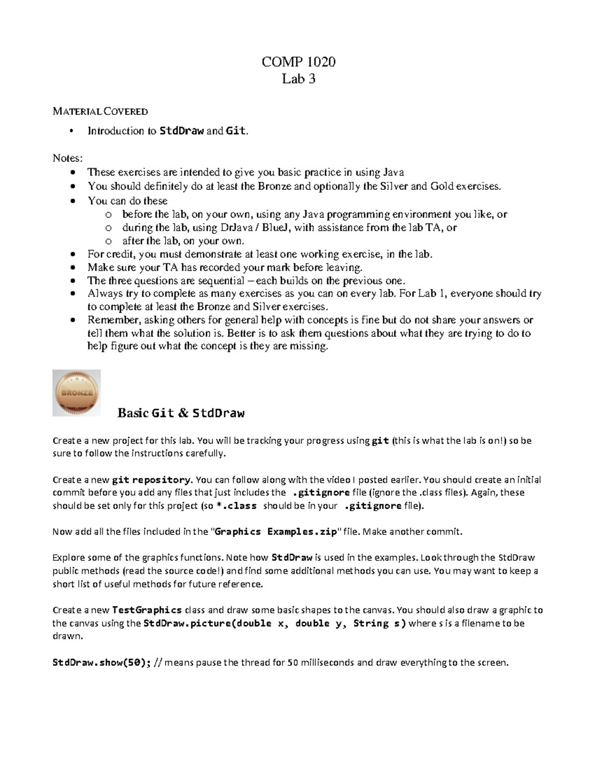 Lab 3 - COMP 1020 Lab 3 MATERIAL COVERED Introduction to StdDraw and ...