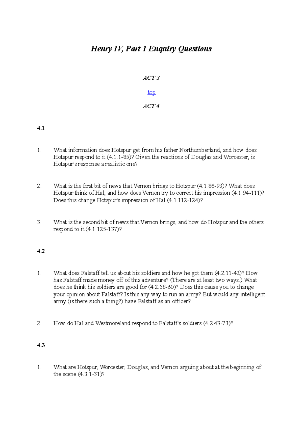 Henry IV inquiry questions - Henry IV, Part 1 Enquiry Questions ACT 3 ...