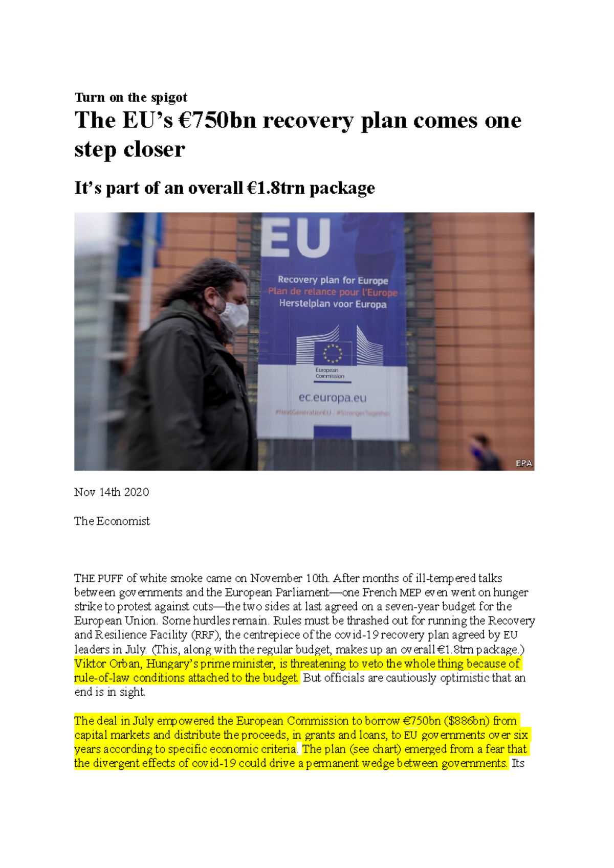 BEG 2021 About EU recovery package & budget - Turn on the spigot The EU ...