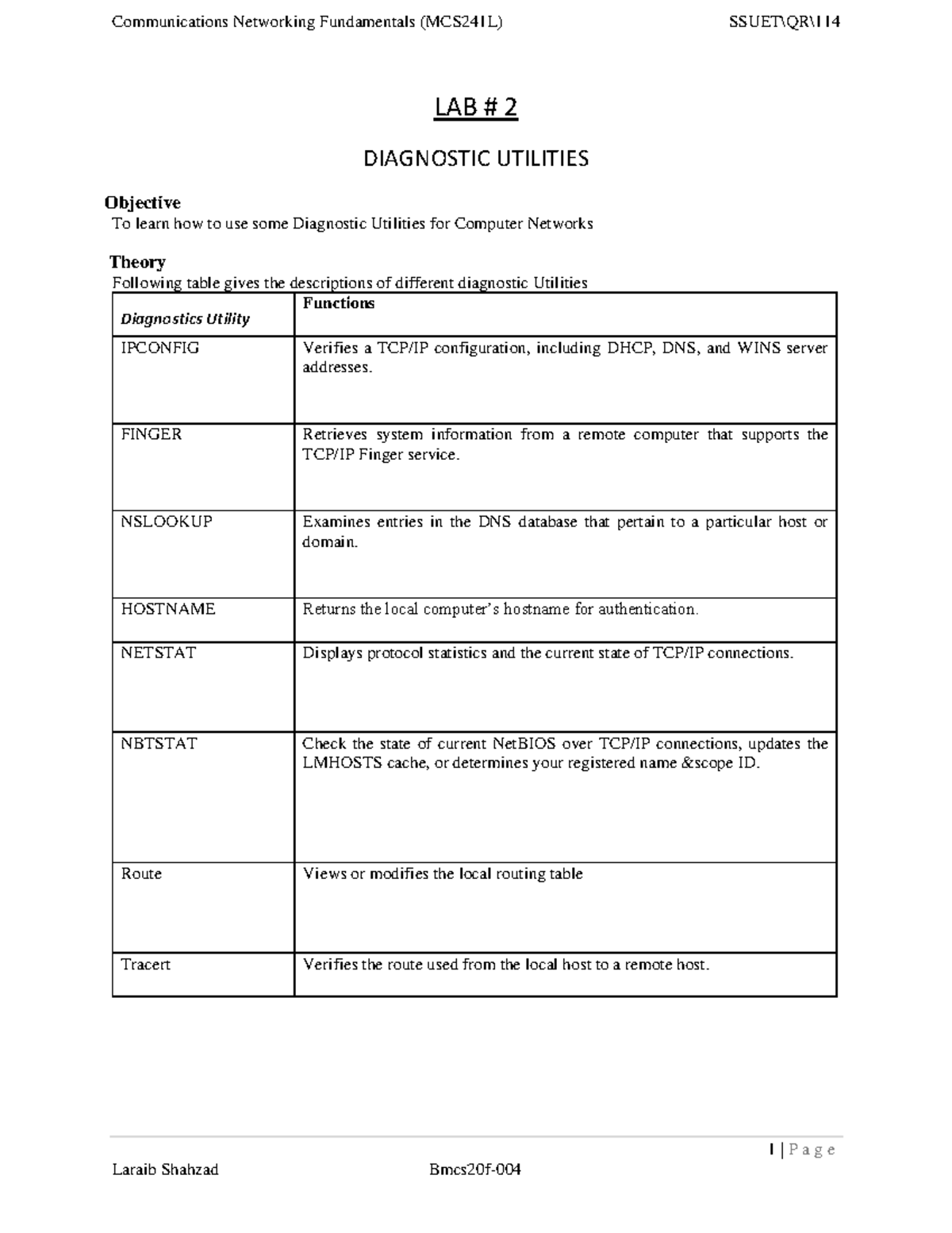 LAB 02 cnf solved - data - 1 | P a g e LAB # 2 DIAGNOSTIC UTILITIES ...