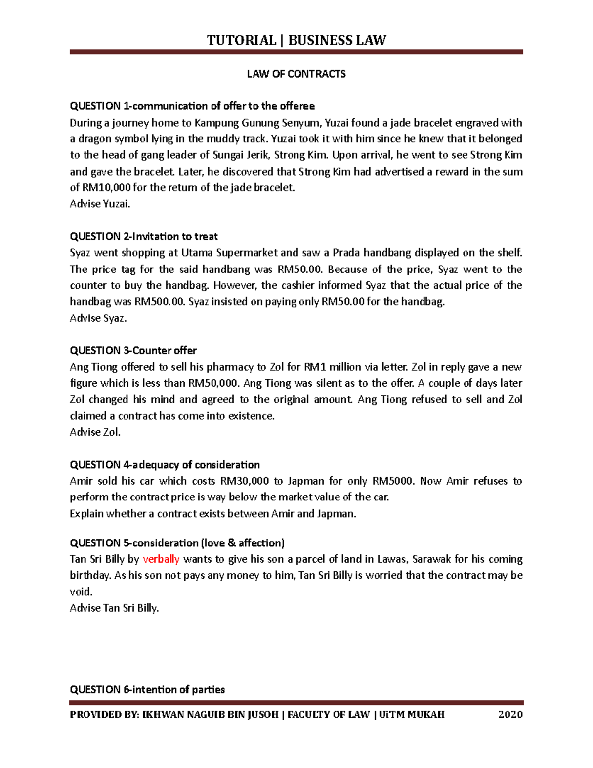 LAW OF Contracts (tutorial) 2020 - TUTORIAL | BUSINESS LAW LAW OF CONTRACTS QUESTION 1 ...