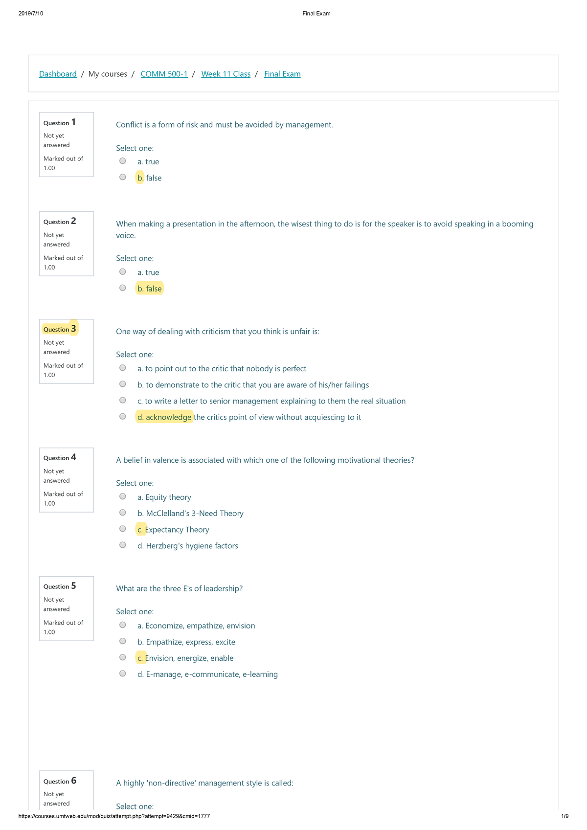 Final Exam - Dashboard / My courses / COMM 500-1 / Week 11 Class ...
