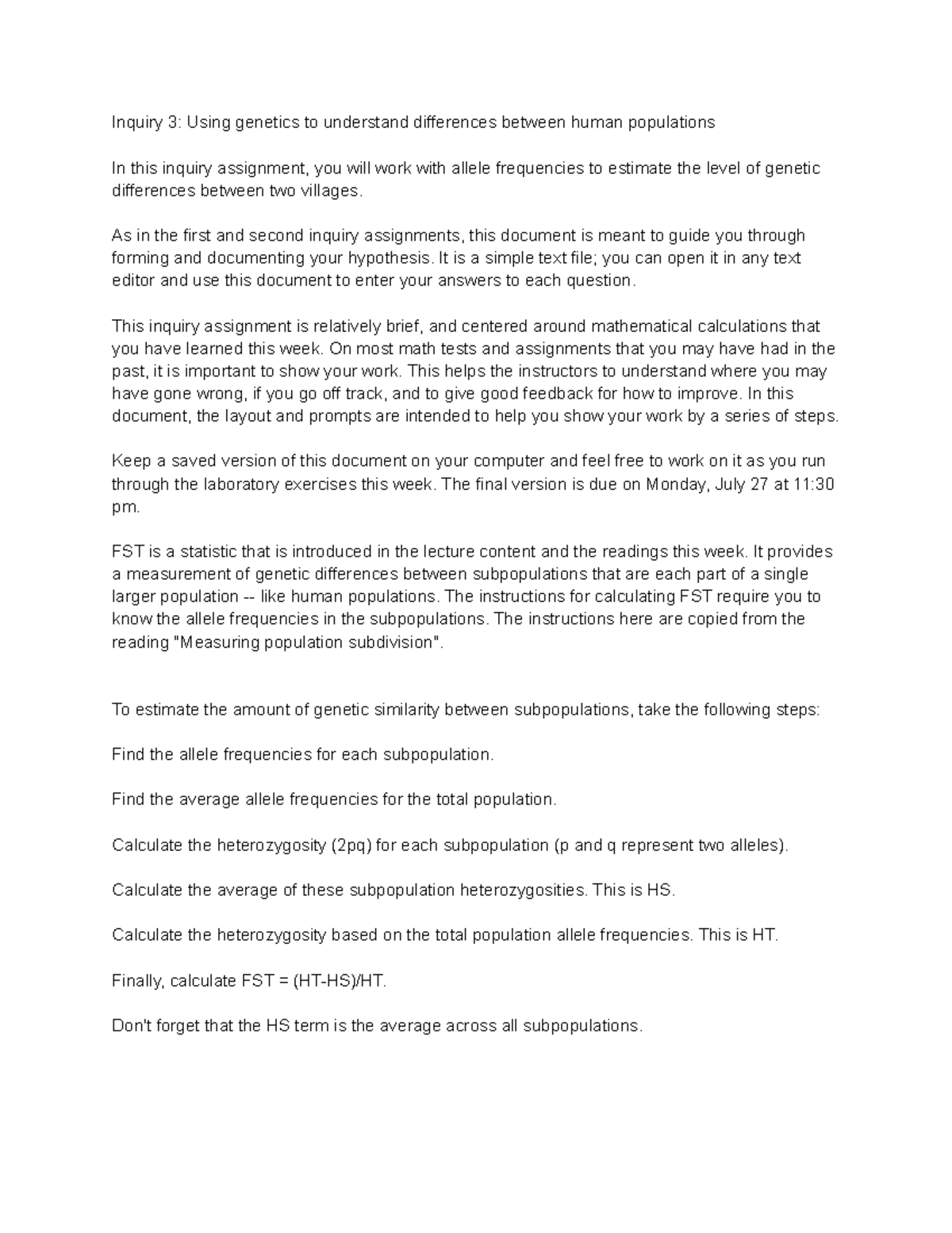 Inquiry Assignment 3 - Inquiry 3: Using genetics to understand ...