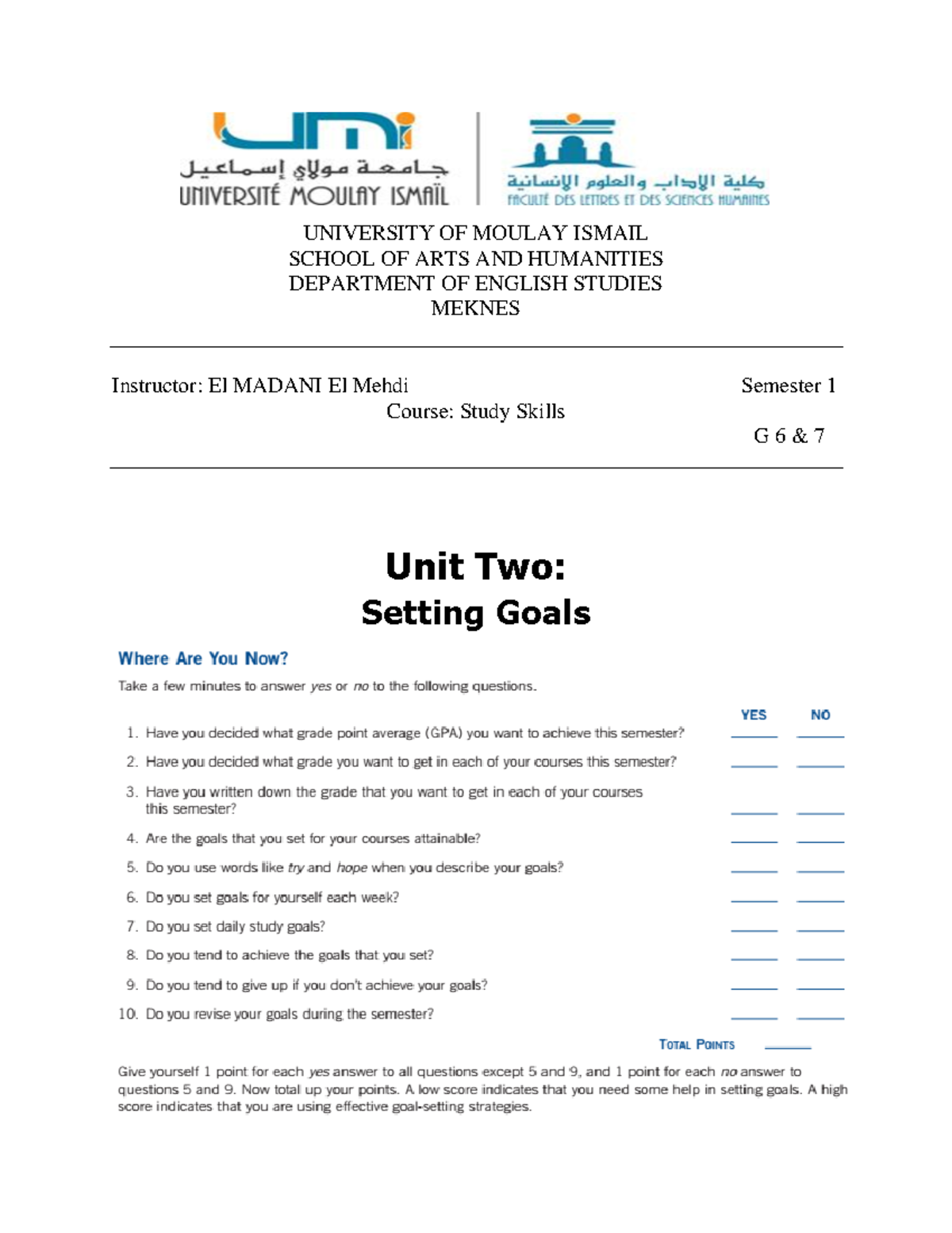 Unit Two - study skills semestr 1 unit two prof Aqachmar - UNIVERSITY ...