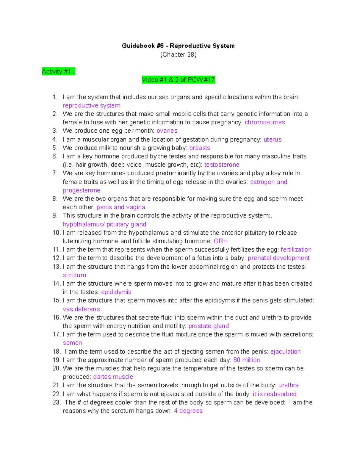 reproductive system review - Guidebook #6 - Reproductive System ...
