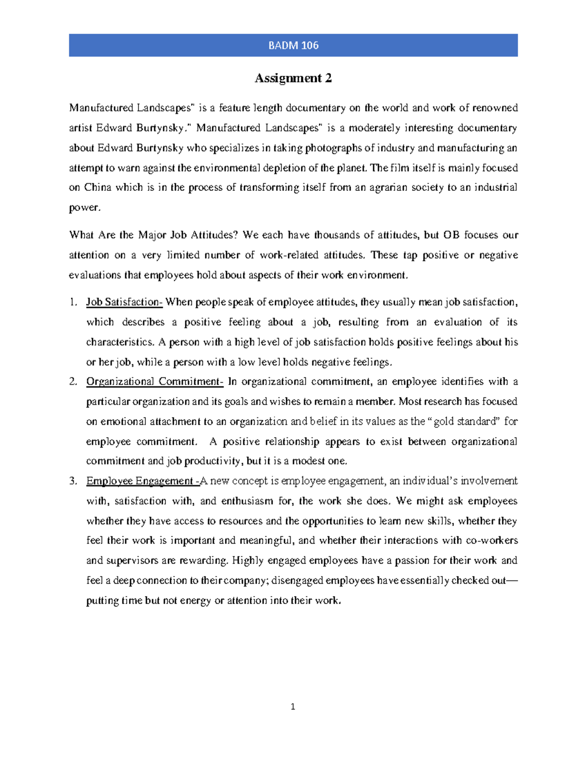 BADM 106 assignment - Assignment 2 Manufactured Landscapes" is a ...