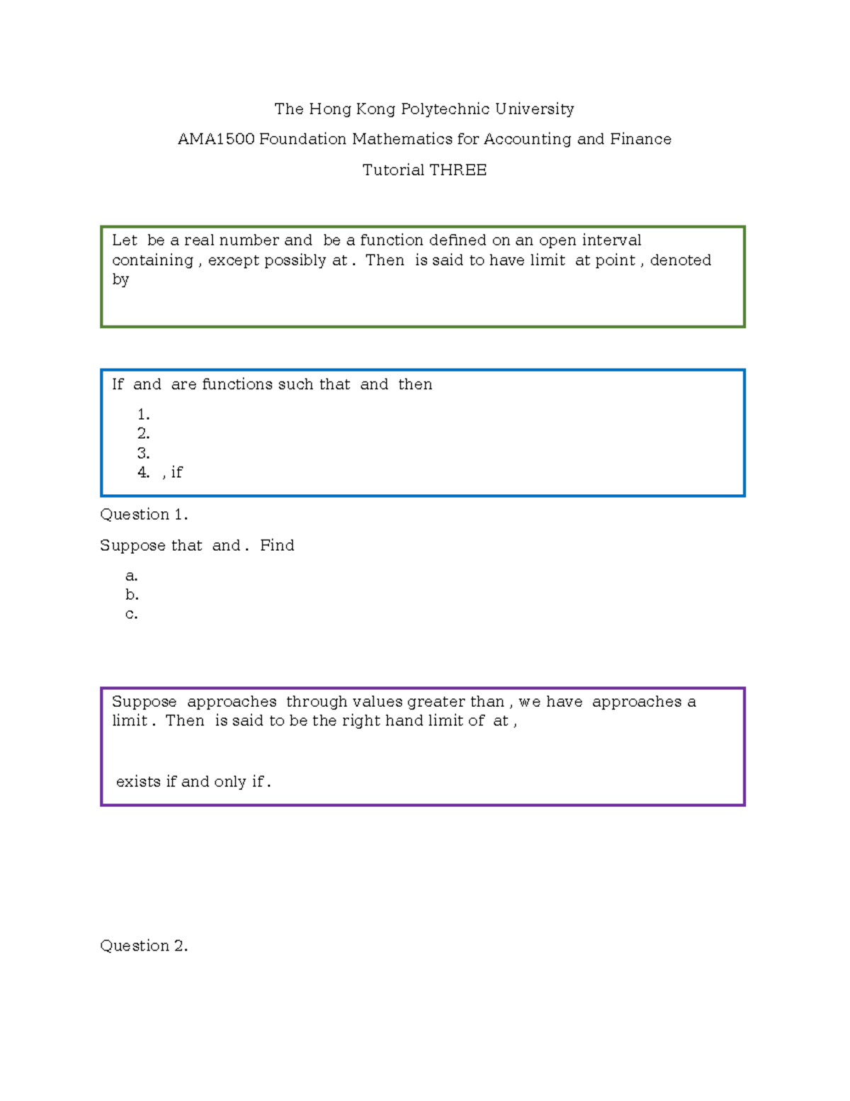 Tutorial 3 questions only - Foundation Mathematics for Accounting and ...
