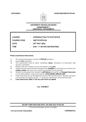 Data sta - data sta108 - Introduction to Statistic - Studocu
