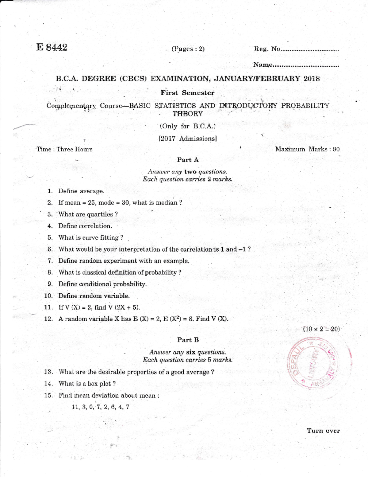 BCA I Sem Basic statisticsQuestion Paper - E 8449 Corypiepreni3rr ...