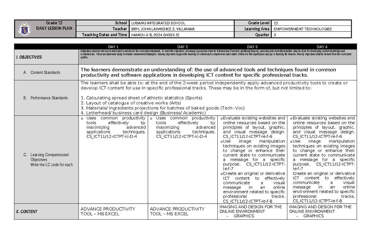 WEEK 5 - EMPOWERMENT TECHNOLOGIES - Grade 12 DAILY LESSON PLAN School ...