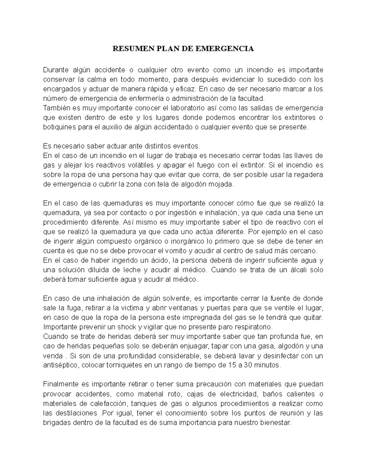 Resumen Plan de Emergencia - RESUMEN PLAN DE EMERGENCIA Durante algún ...