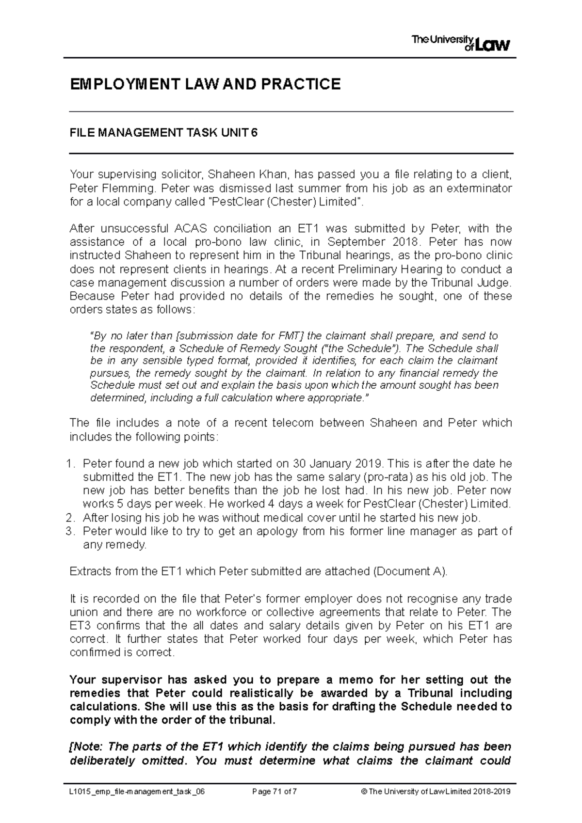 L1015 emp Jun19 file management task6 final v2 - EMPLOYMENT LAW AND PRACTICE FILE MANAGEMENT ...