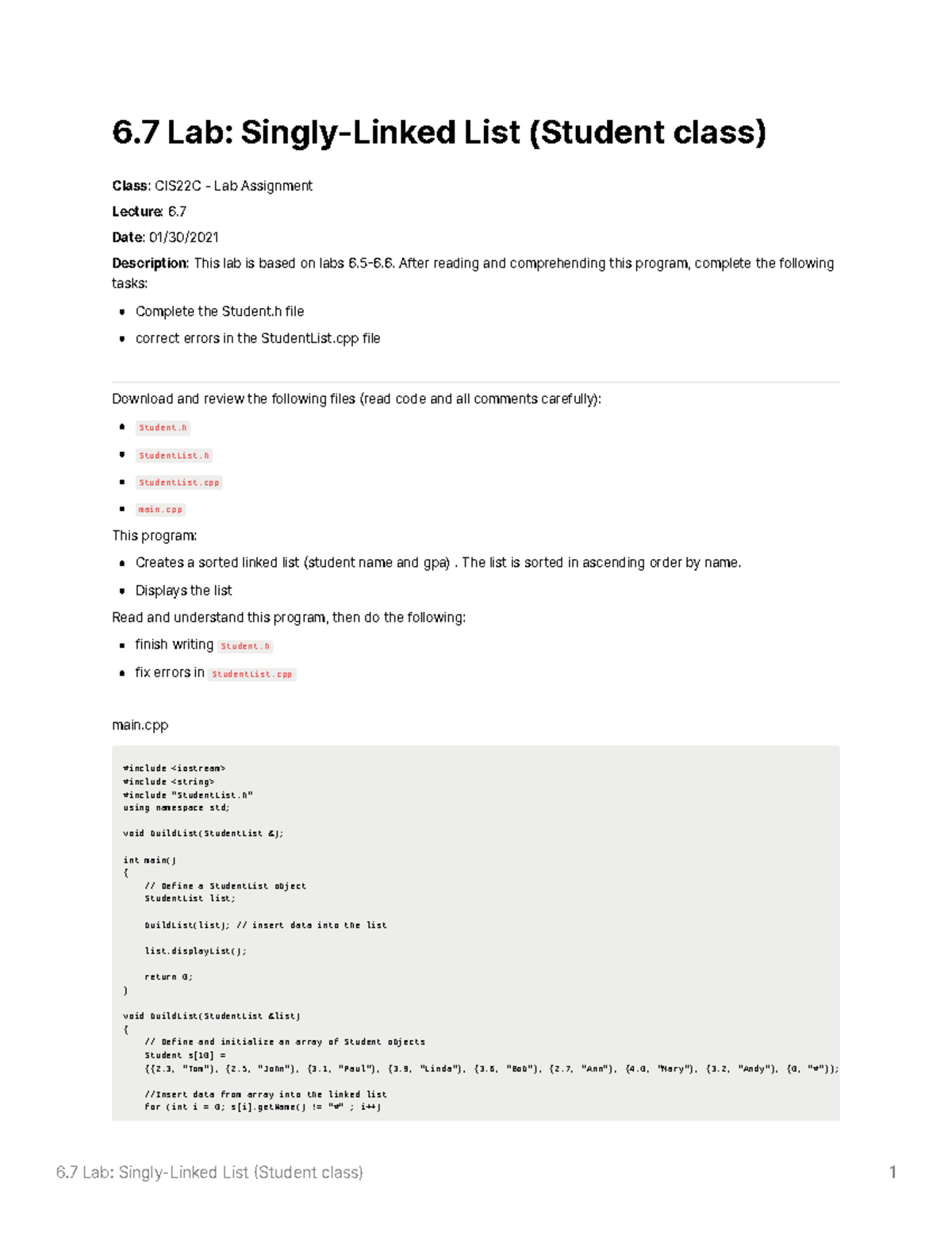 6.7 Lab: Singly-Linked List (Student class) - 6 Lab: Singly-Linked List ...