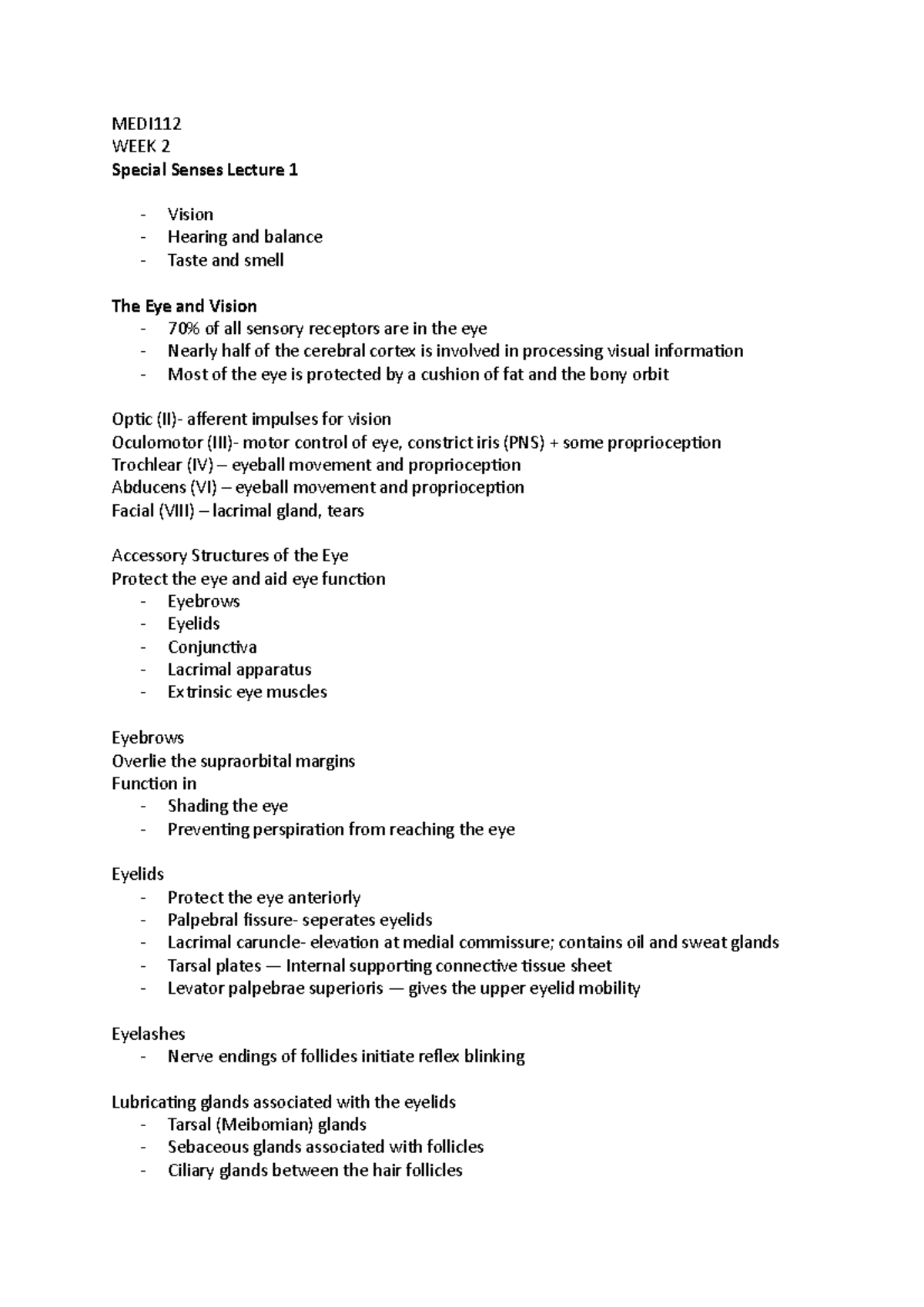 Week 2 Speical Senses - Lecture notes 3 - MEDI WEEK 2 Special Senses ...