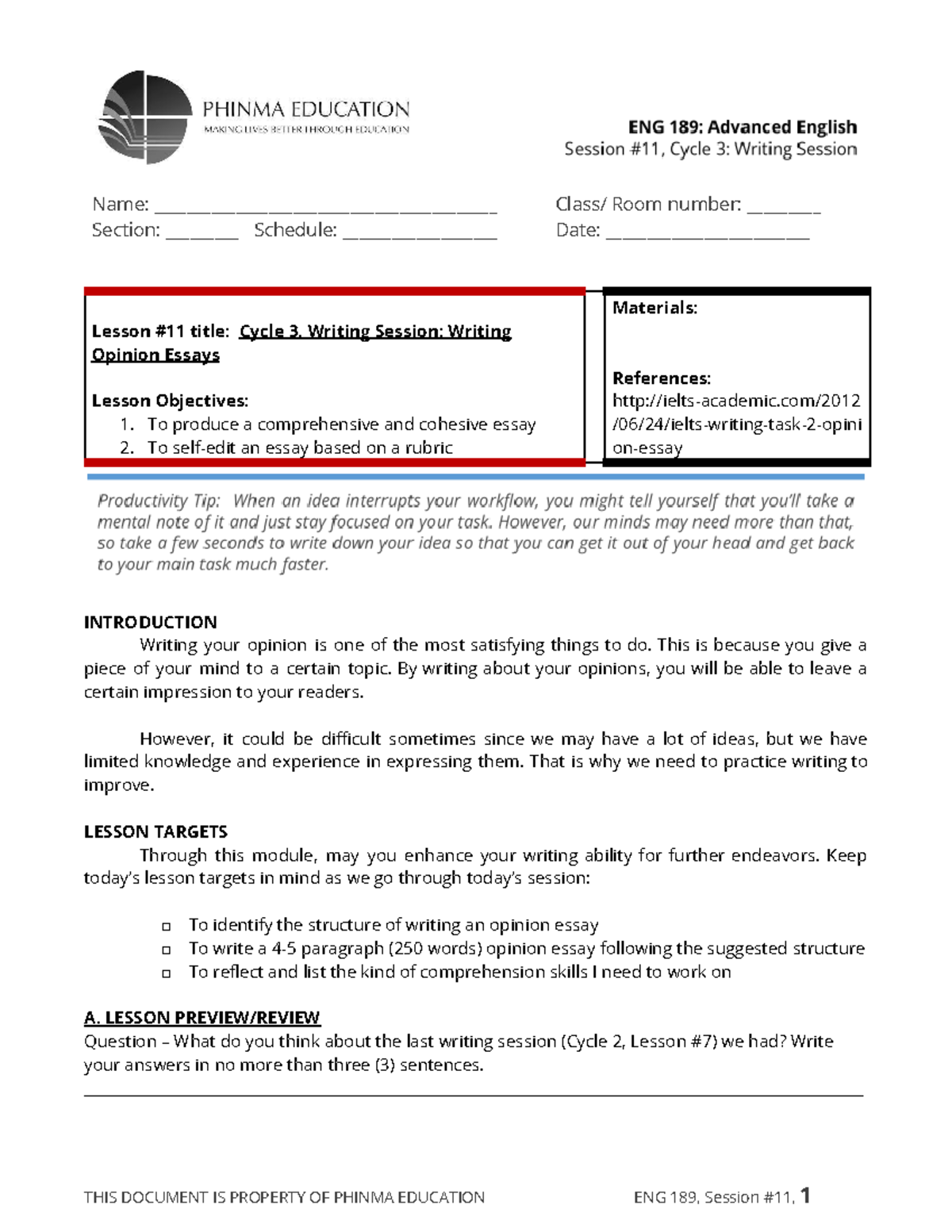 ENG-189 MODULE. - Section: _________ Schedule: ___________________ Date ...