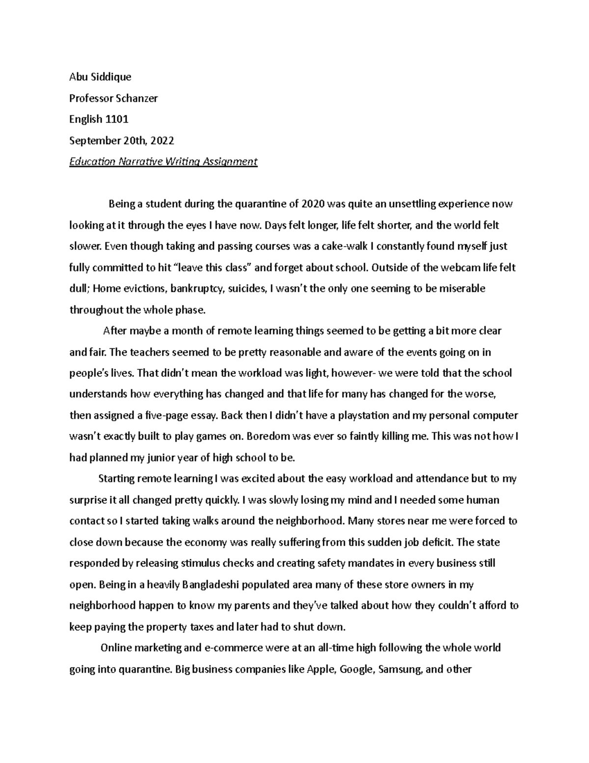 Education Narrative Writing Assignment - Abu Siddique Professor ...