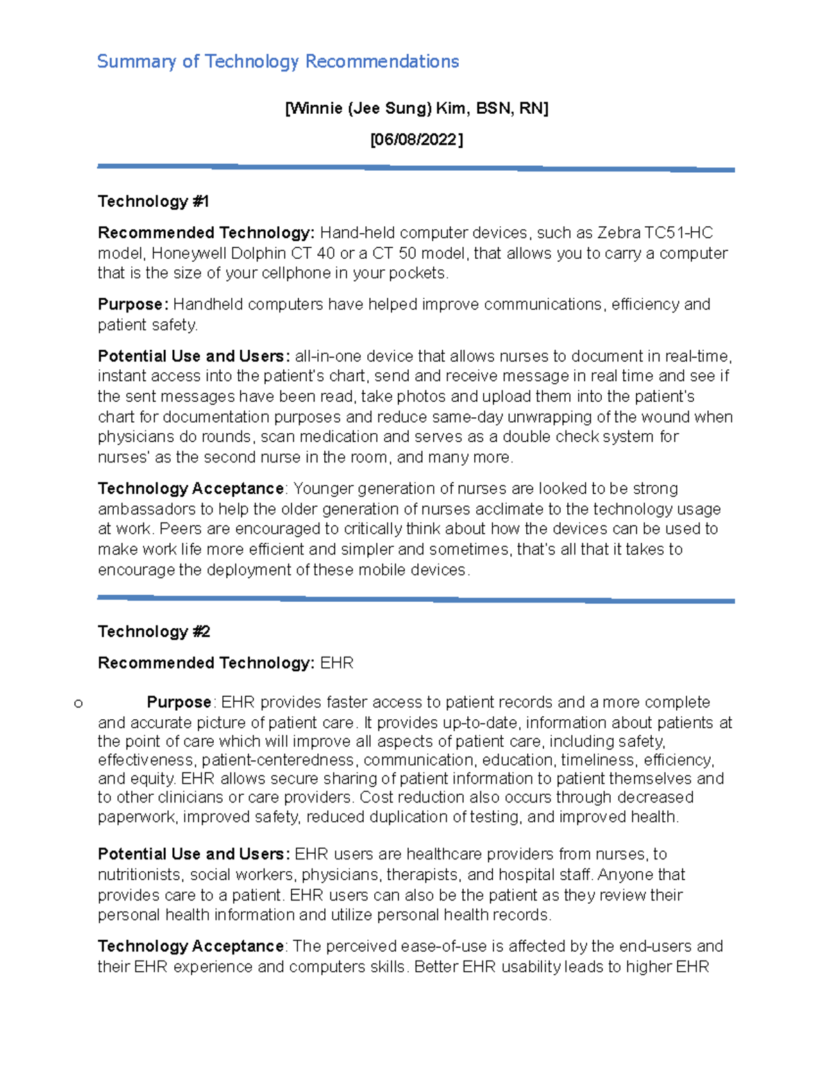 Technology Summary - 5 technoogy - [Winnie (Jee Sung) Kim, BSN, RN] [06 ...
