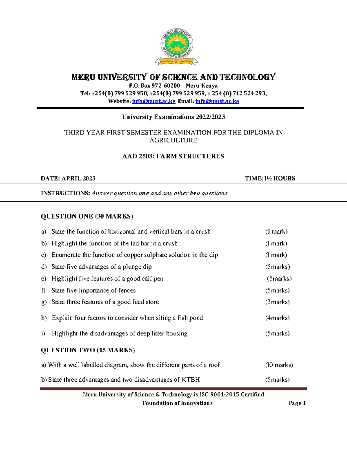 AAD 2503 FARM Structures 1 1 - Meru University of Science & Technology ...