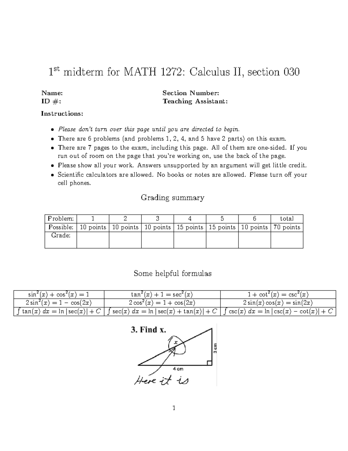 Practice Midterm #1 - 1 st midterm for MATH 1272: Calculus II, section 030 Name: Section Number ...