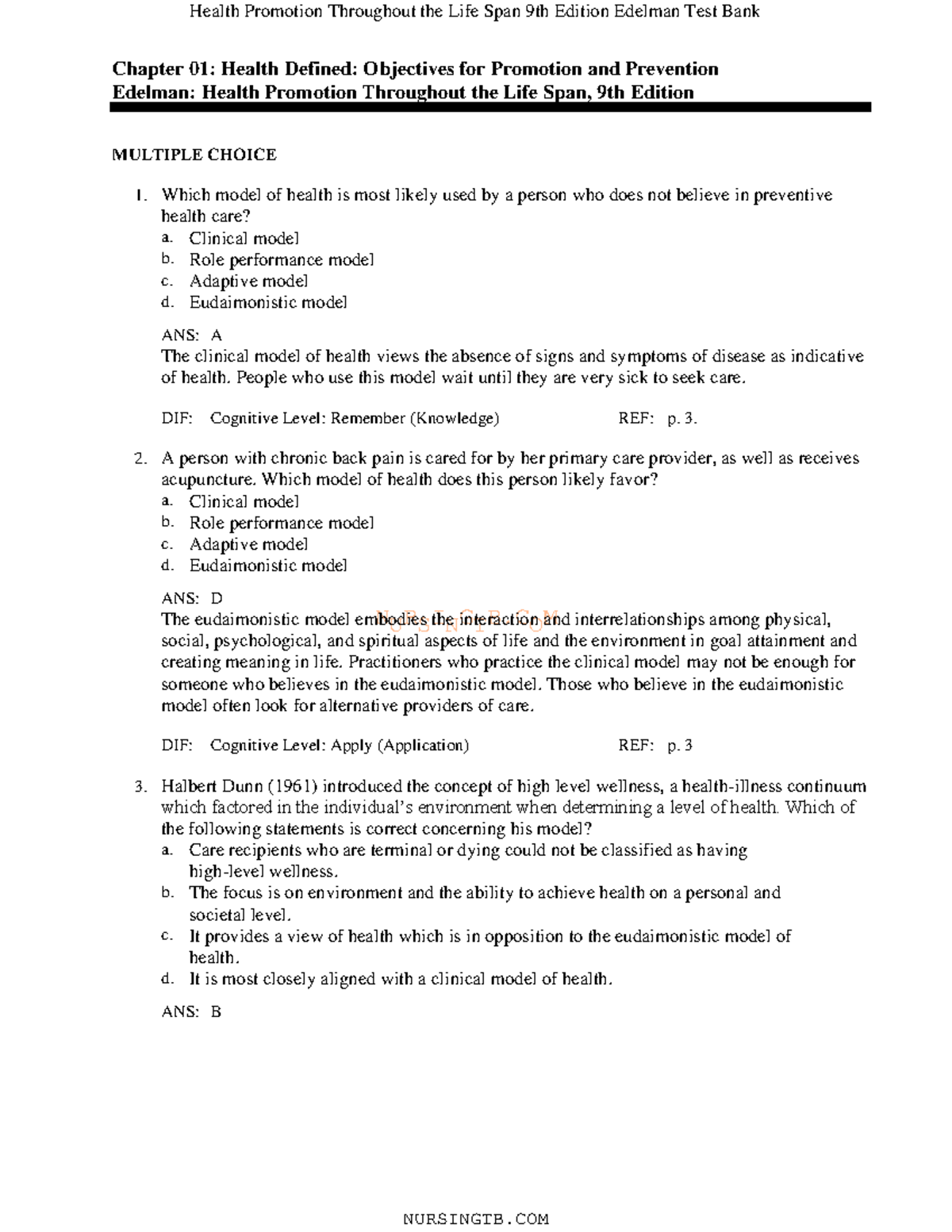 Chapter 01: Health Defined: Objectives for Promotion and Prevention - NURSINGTB Chapter 01 ...