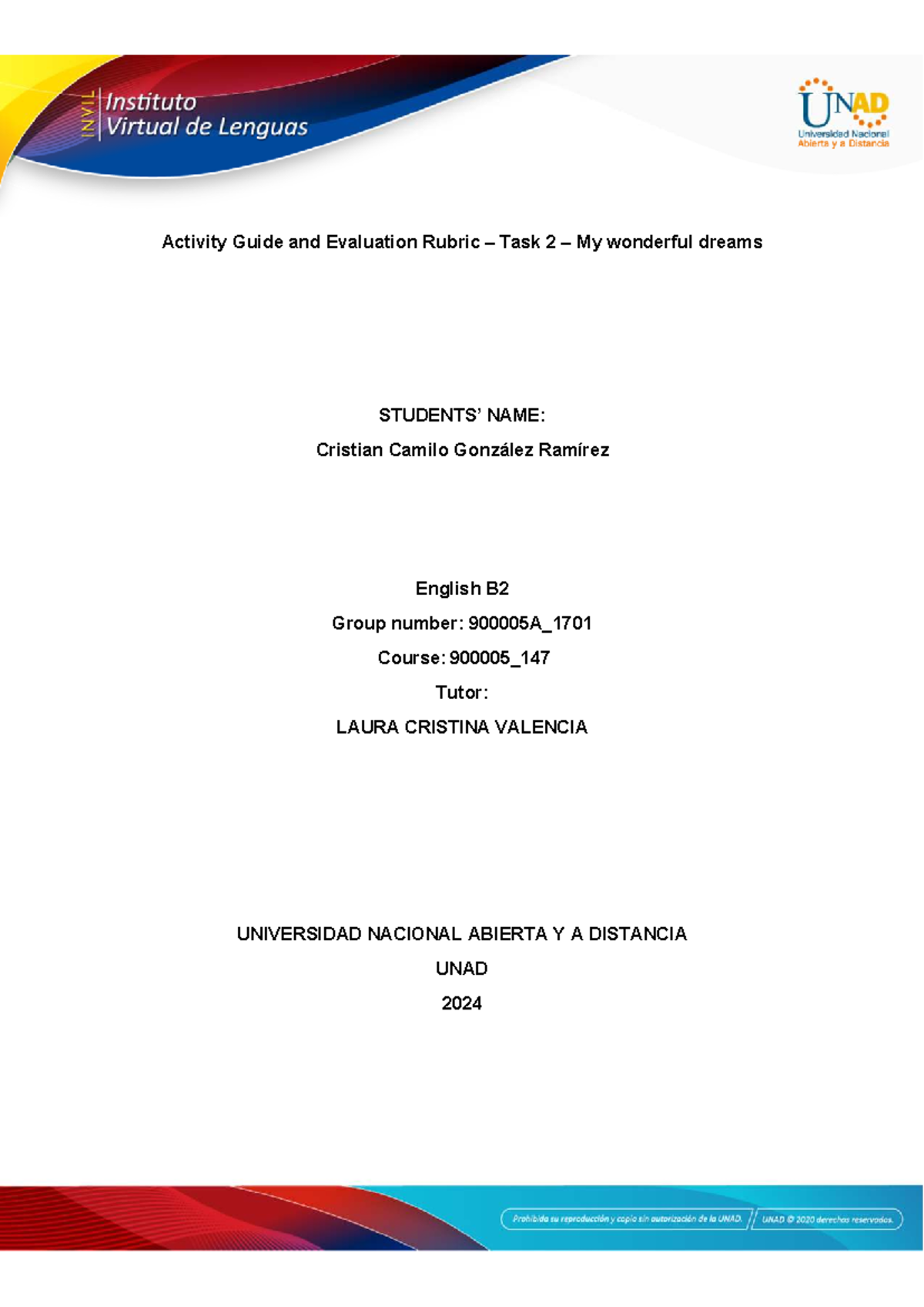 Task 2 – My wonderful dreams - Activity Guide and Evaluation Rubric ...