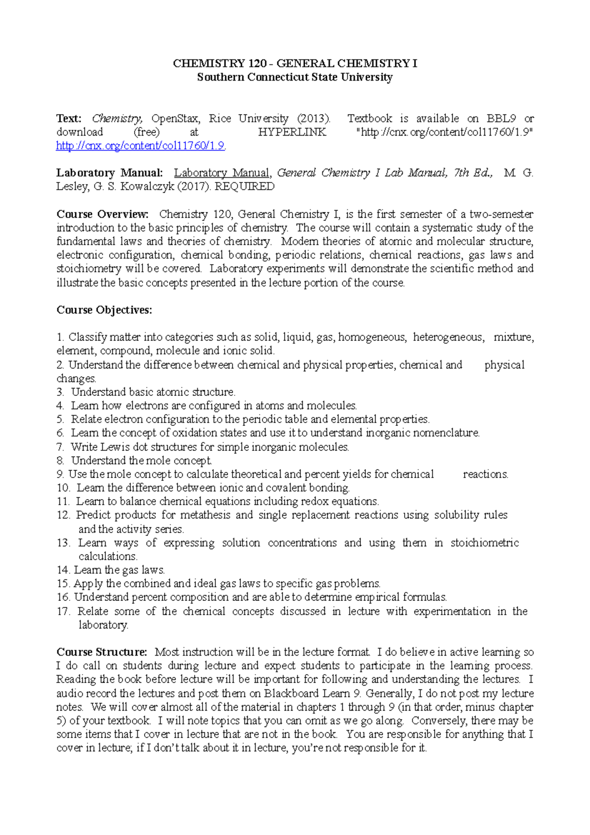 CHE120 Gen Chem Lecture Syllabus - CHEMISTRY 120 - GENERAL CHEMISTRY I ...