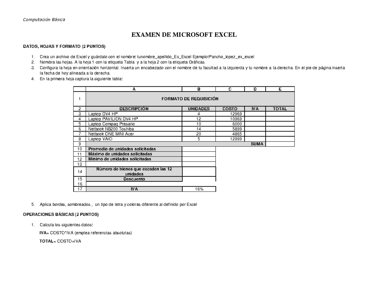 Exam-excel - Hola - Computación Básica EXAMEN DE MICROSOFT EXCEL DATOS, HOJAS Y FORMATO (2 ...