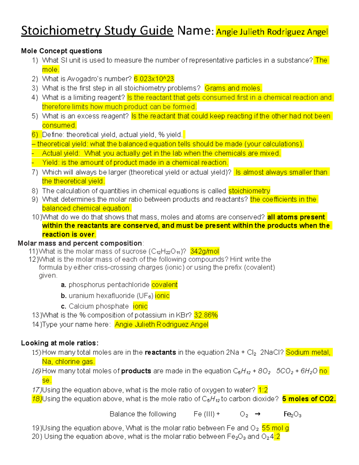 Virtual Stoichiometry Review reg and hon - Stoichiometry Study Guide ...