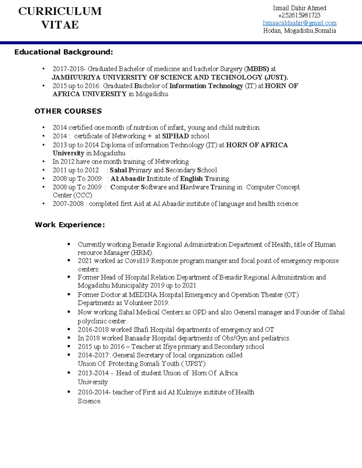 Ismail Ahmed CV - completed medicine and surgery - Ismail Dahir Ahmed ...