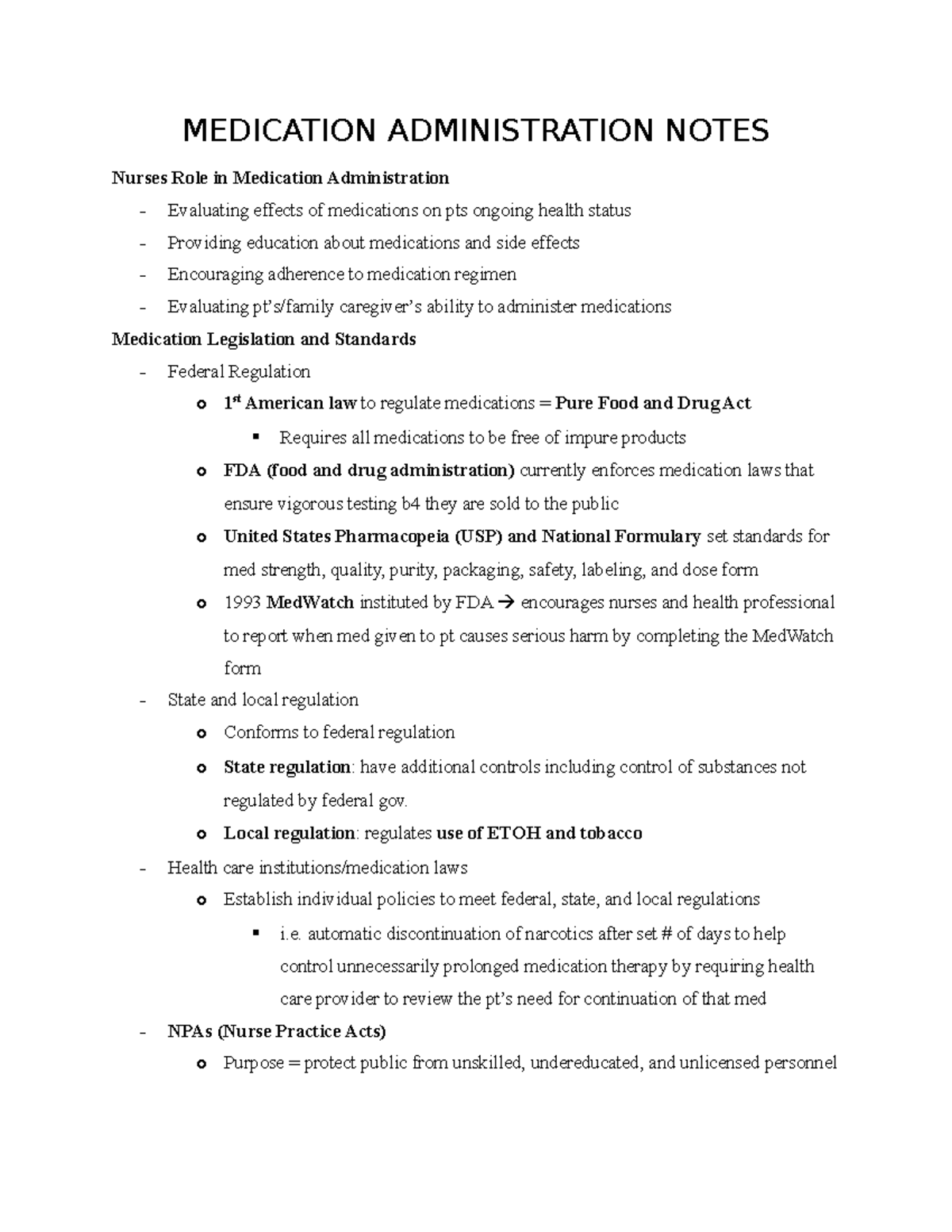 Med Administration Notes - MEDICATION ADMINISTRATION NOTES Nurses Role ...