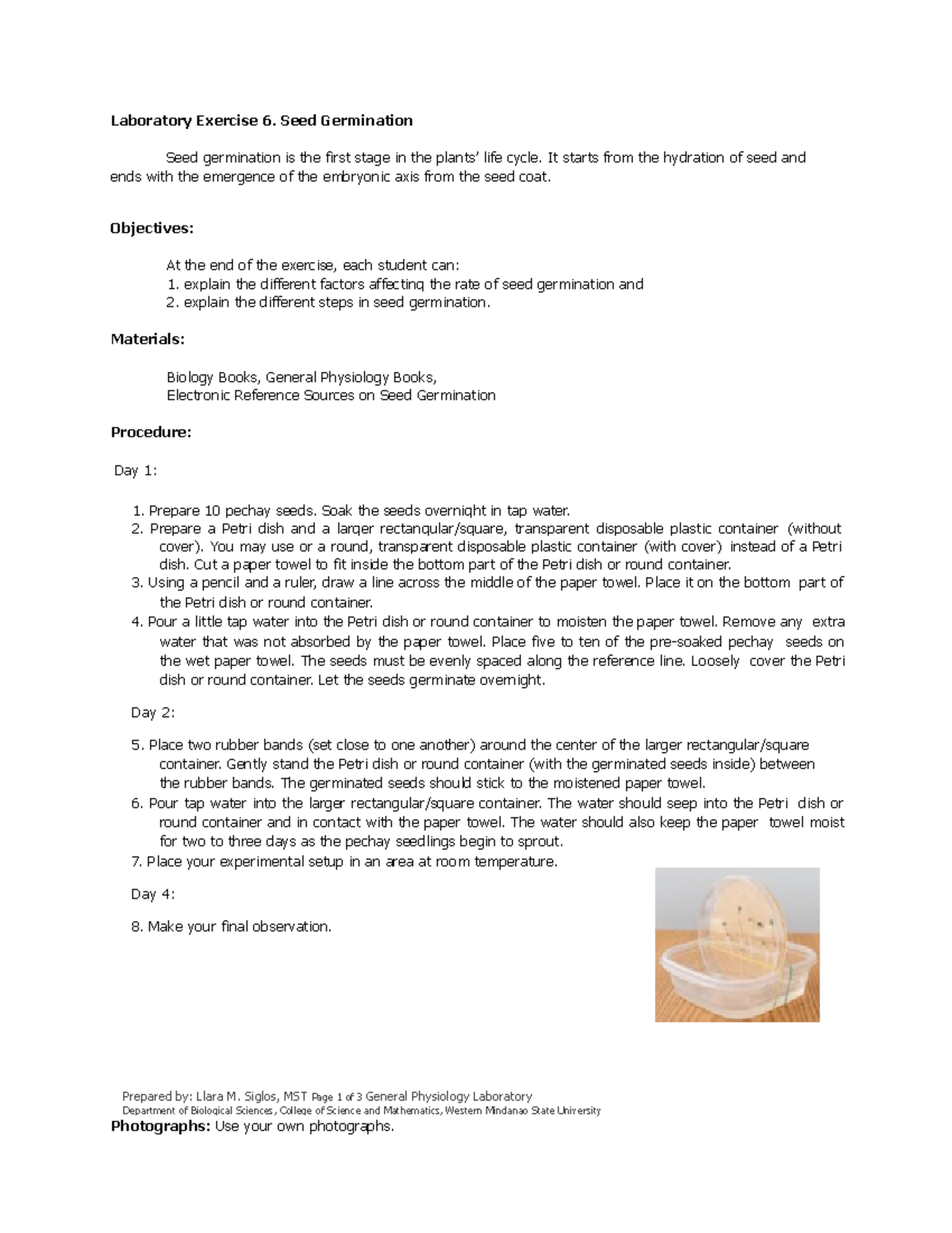 Exercise-7 General Physiology - Laboratory Exercise 6. Seed Germination ...