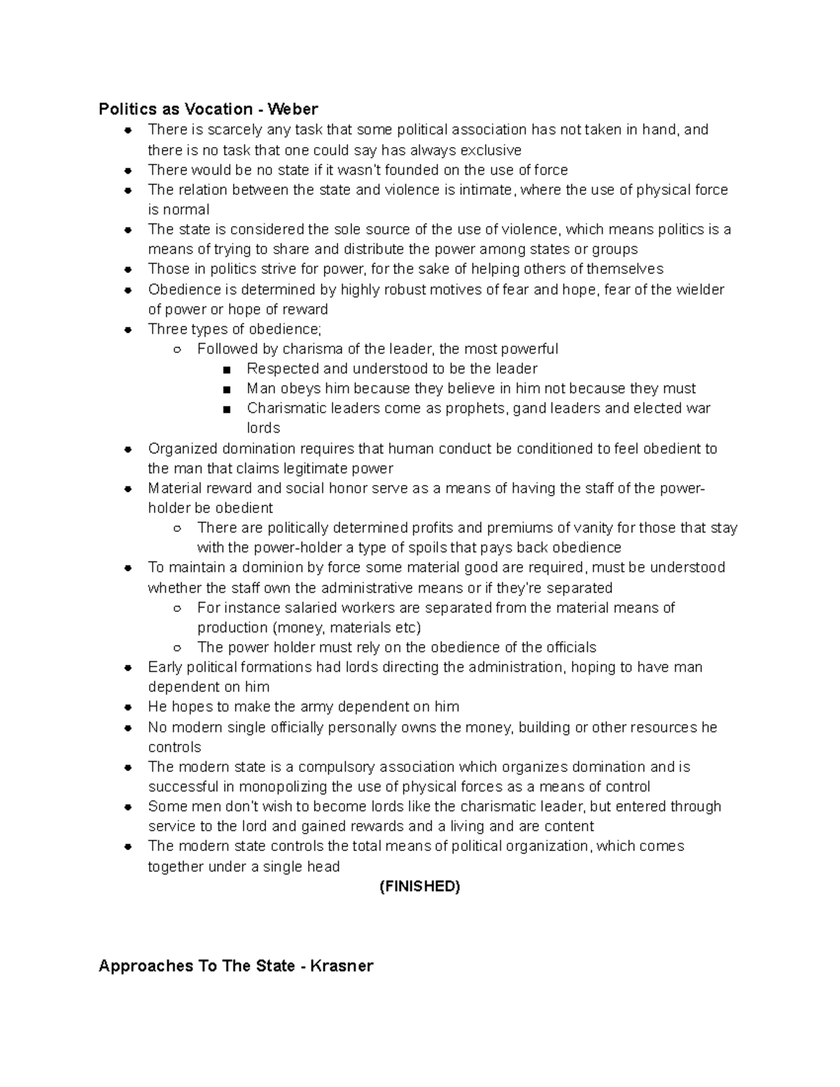 Week 2 - Week 2 Summary - Politics as Vocation - Weber There is ...