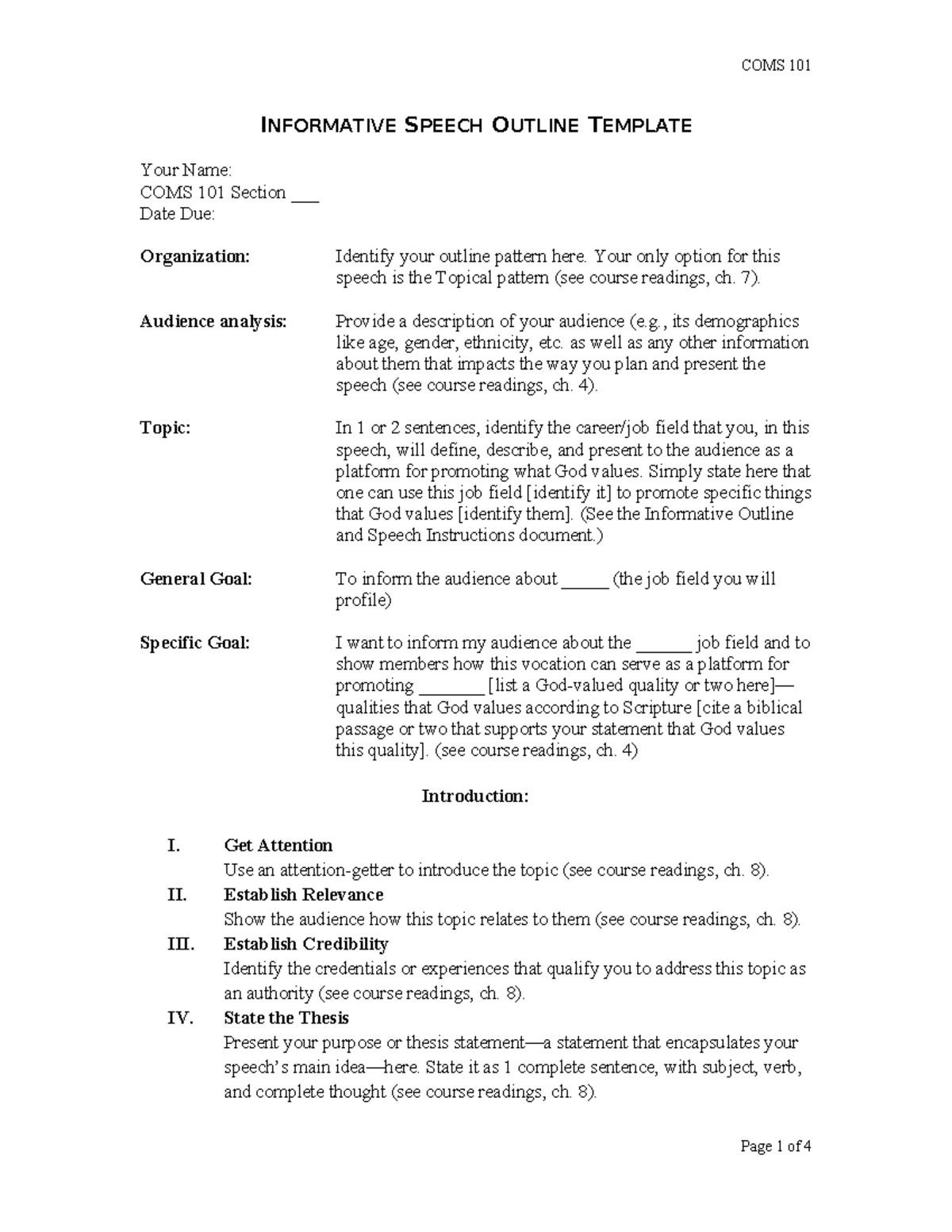 Informative Speech Outline Template - INFORMATIVE SPEECH OUTLINE ...