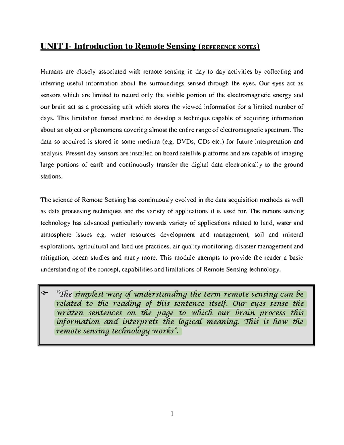 UNIT 1- RS - UNIT I- Introduction to Remote Sensing (REFERENCE NOTES ...