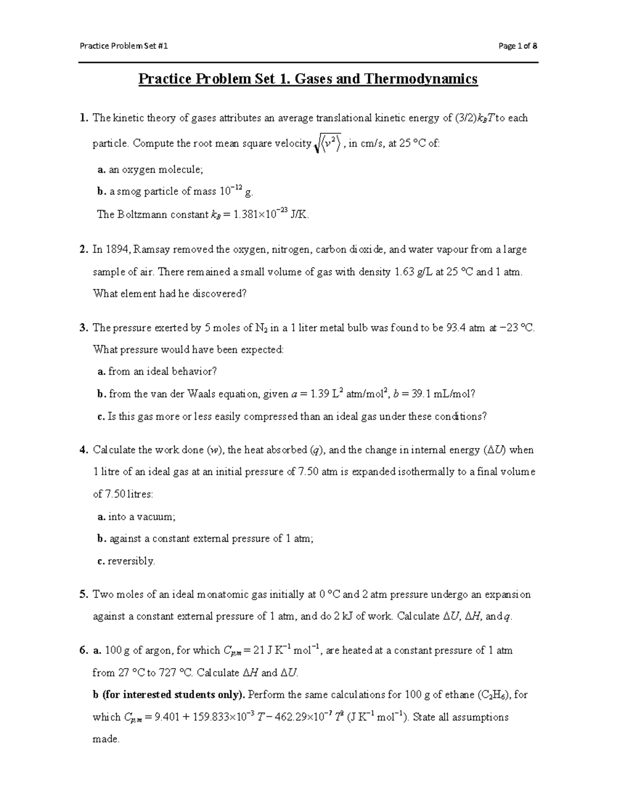 Chem 211 - Practice problems - Practice Problem Set 1. Gases and ...
