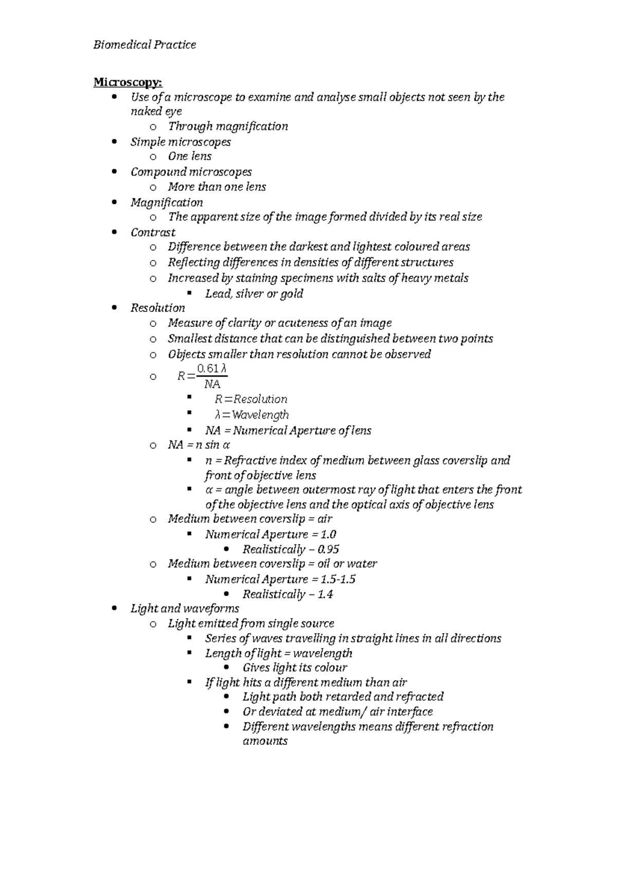 Microscopy Lecture Notes - Microscopy: Use of a microscope to examine ...