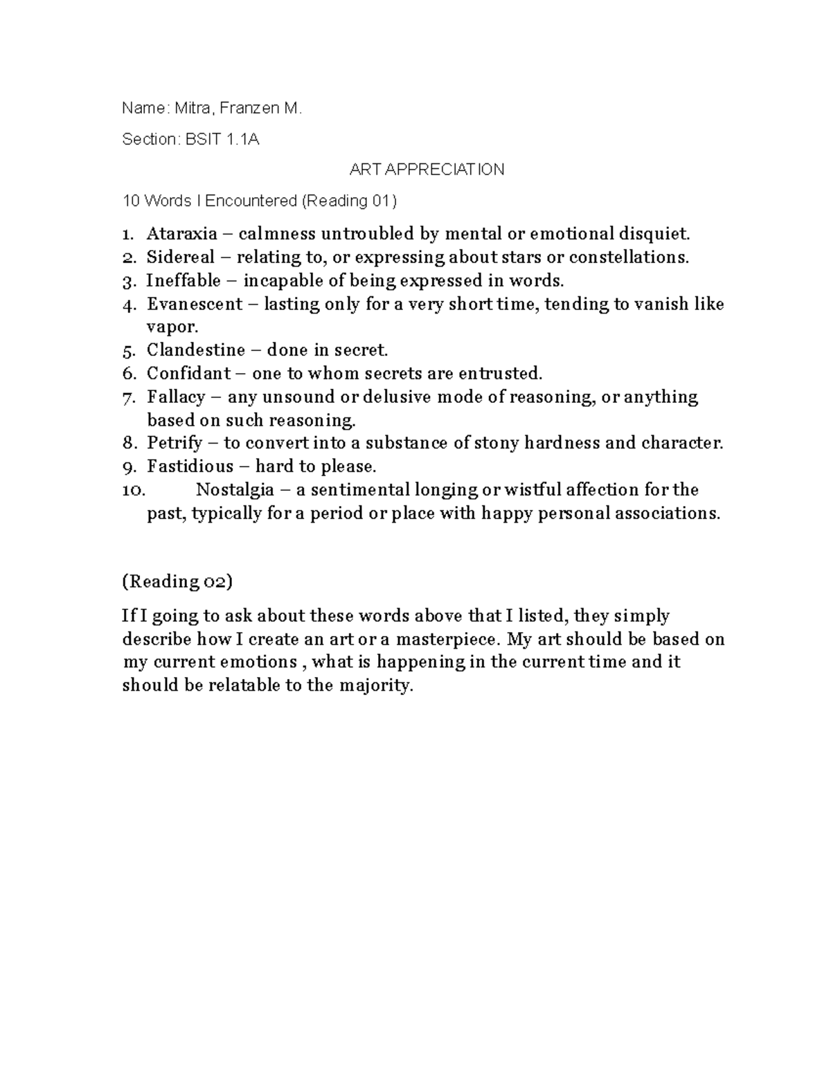 Art Appreciation work 1 - Name: Mitra, Franzen M. Section: BSIT 1 ART APPRECIATION 10 Words I ...