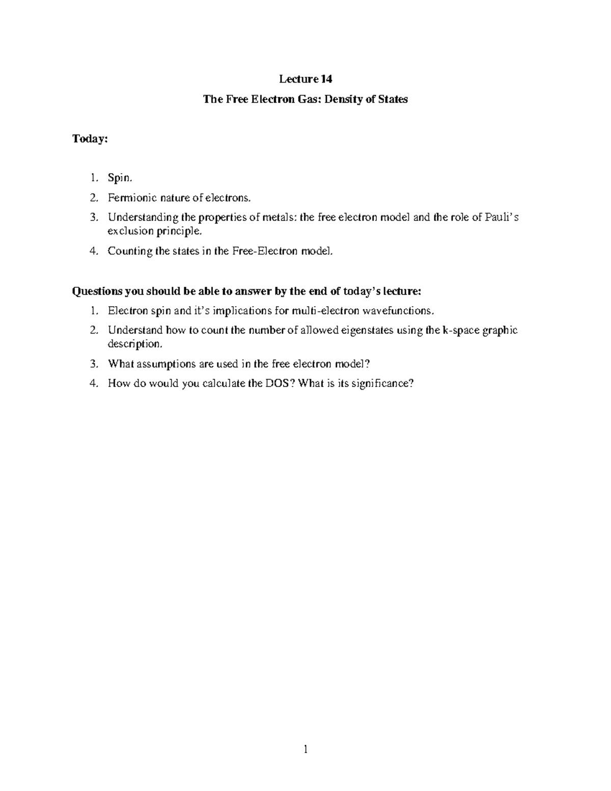 The free electron gas Density of states - Lecture 14 The Free Electron ...