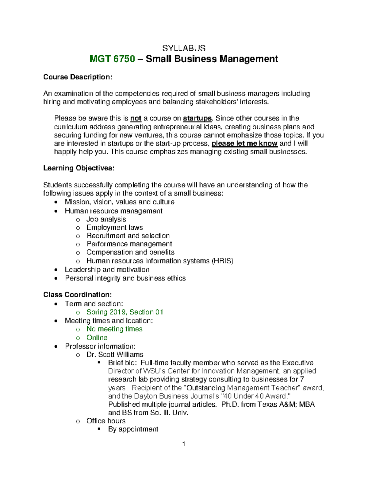 MGT 6750 01 Spr 19 Williams - SYLLABUS MGT 6 750 – Small Business ...