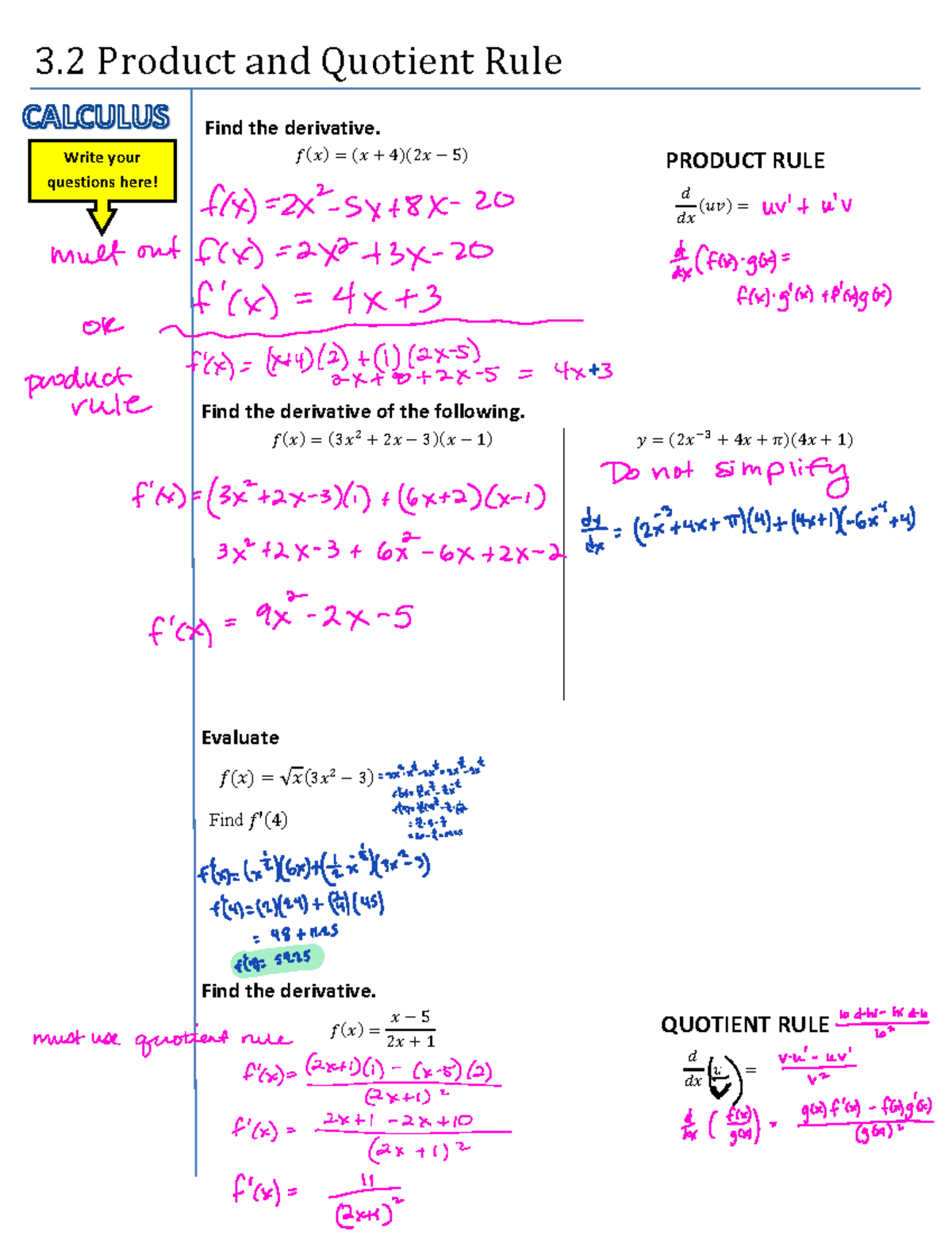 Product and Quotient Rule Notes partially filled in - Write your ...