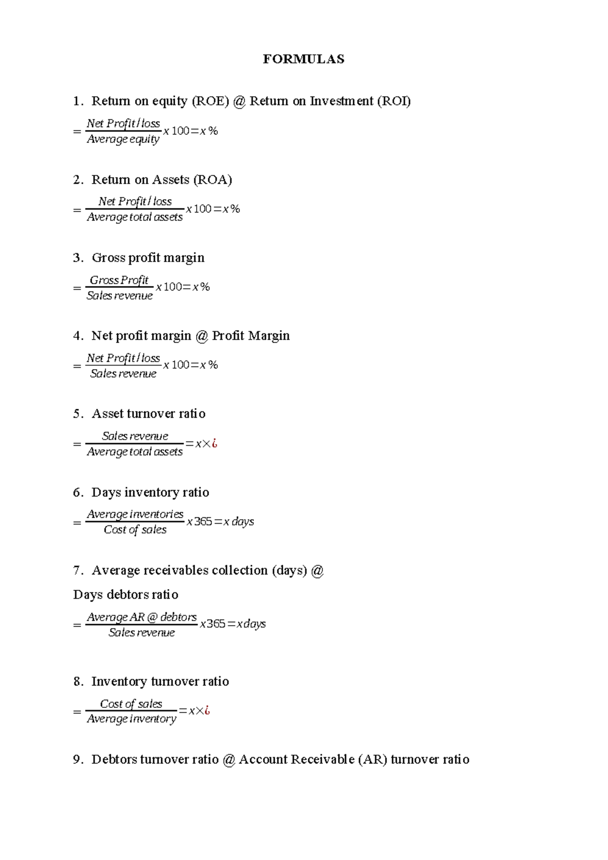 Formulas Financial Ratios - FORMULAS 1. Return on equity (ROE) @ Return ...